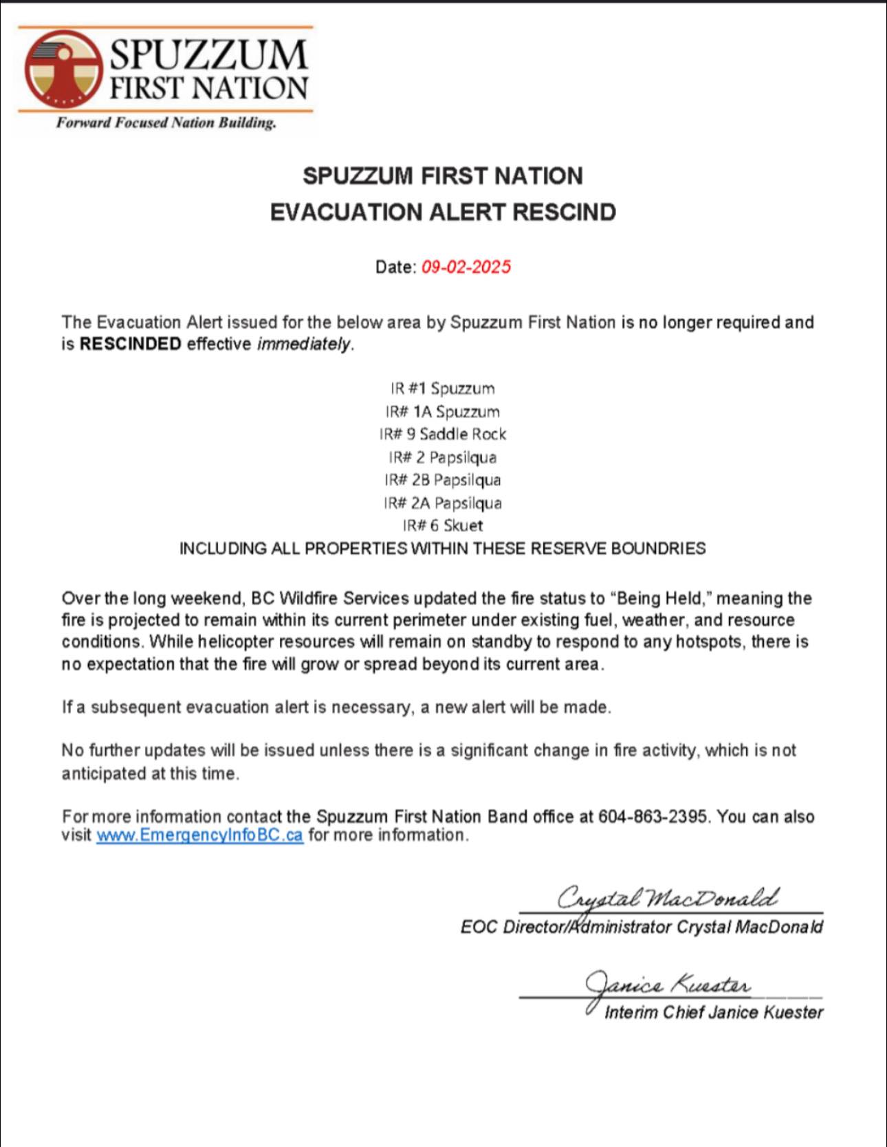 Evacuation Alert RESCINDED by Spuzzum First Nation - EmergencyInfoBC